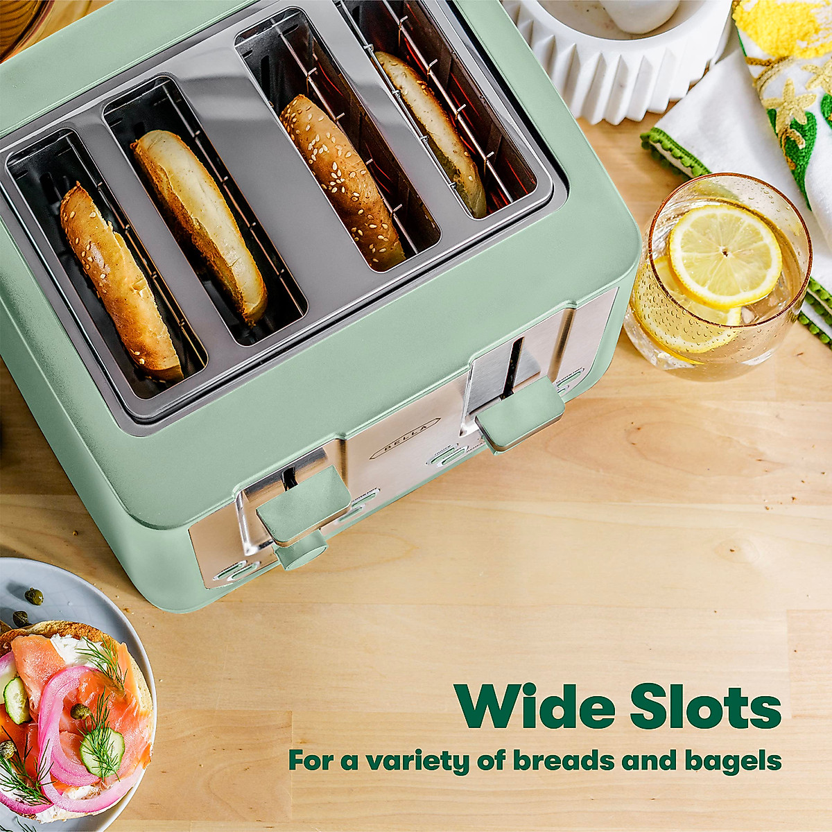 BELLA 4 Slice Toaster with Auto Shut Off - Extra Wide Slots & Removable Crumb Tray and Cancel, Defrost & Reheat Function - Toast Bread & Bagel, Sage