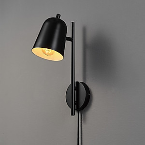 Globe Electric 65000049 1-Light Plug-in or Hardwire Wall Sconce, Matte Black, Pivoting Shade, Black Braided Fabric Designer Cord, E26 Base Socket, Home Décor, Wall Lighting, Home Improvement