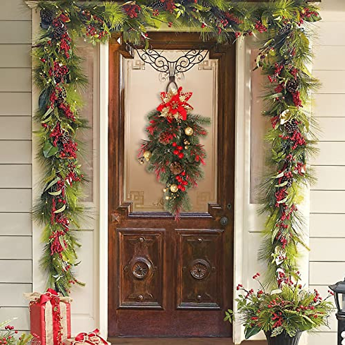 Sempoda Artificial Christmas Teardrop Swag, 21.7in Christmas Wreath with Bow & Red Berries & Xmas Ball, Winter Hanging Pine Leaves Garland for Home Party Wall Window Holiday Wedding Door Decor