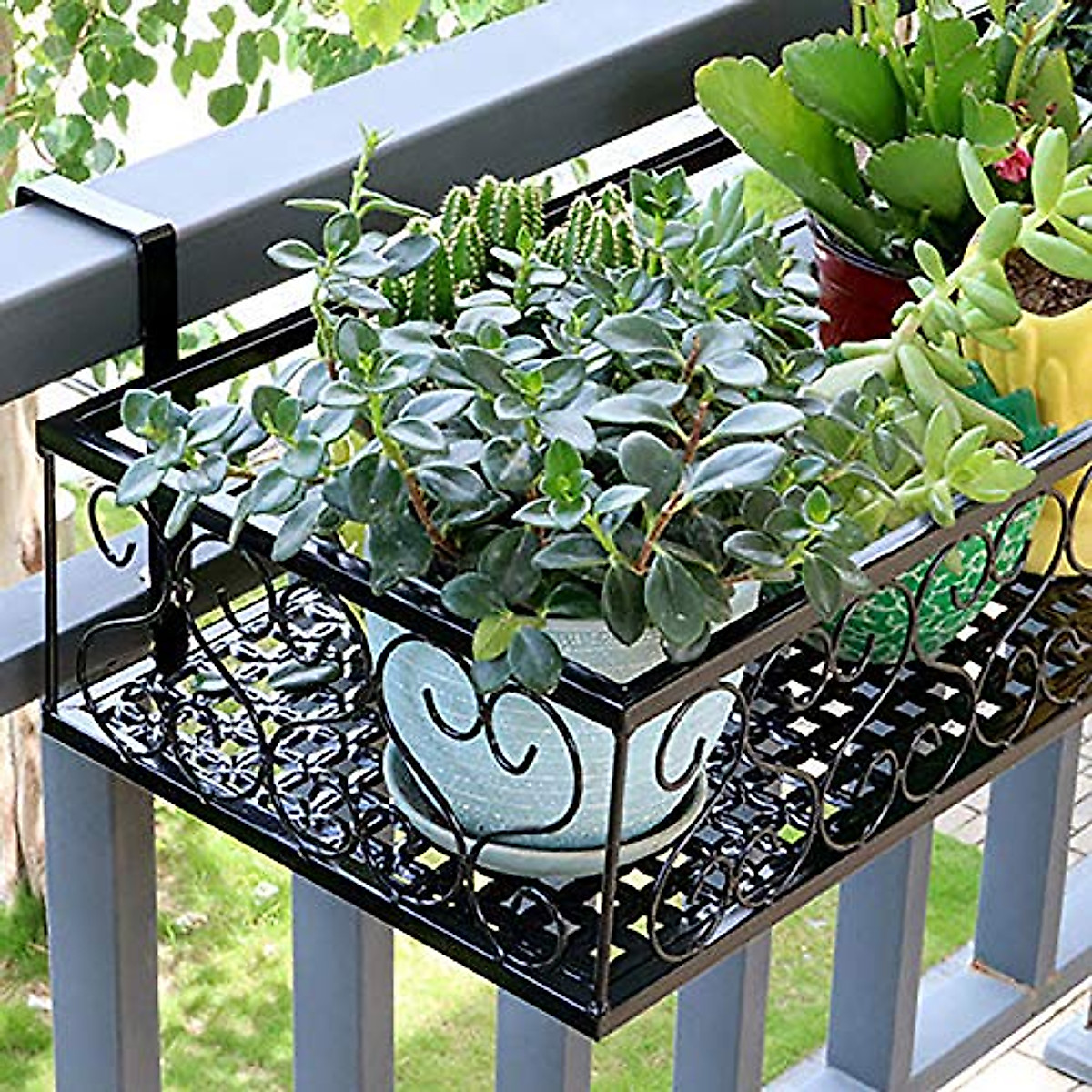 Hanging Railing Planter Iron Art Hanging Flower Baskets Flower Pot Holders Plant Holder Over The Rail Metal Fence Planters Assemble Plant Racks Shelf Containers for Patio Balcony Porch Fence,Square