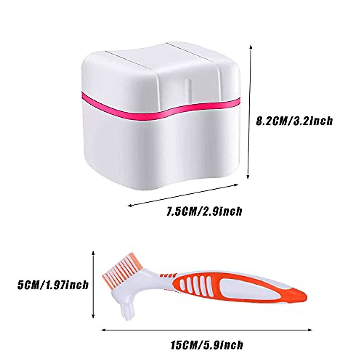 Denture Cleaner Box and Brush Set - 2 Pack Denture Bath Case with Basket + 2 Pack Denture Brush, Portable Denture Retainer Storage Box, False Teeth Brushes for Oral Care (Blue and Red)