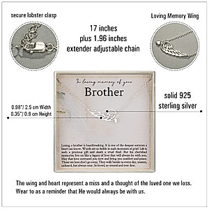 RareLove Memorial Gifts for Loss of Brother,925 Sterling Silver Angel Wing Heart Pendant Necklace,In Loving Memory of Brother Bereavement Gifts,Condolence Gift