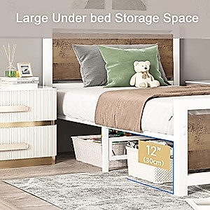 4 EVER WINNER Twin Bed Frames Wood with Headboard, Twin Size Platform Metal Bed Frame, Heavy Duty Steel Slat Twin Metal Bed Frames, No Box Spring Needed, Mattress Foundation, Anti-Slip, Easy Assembly