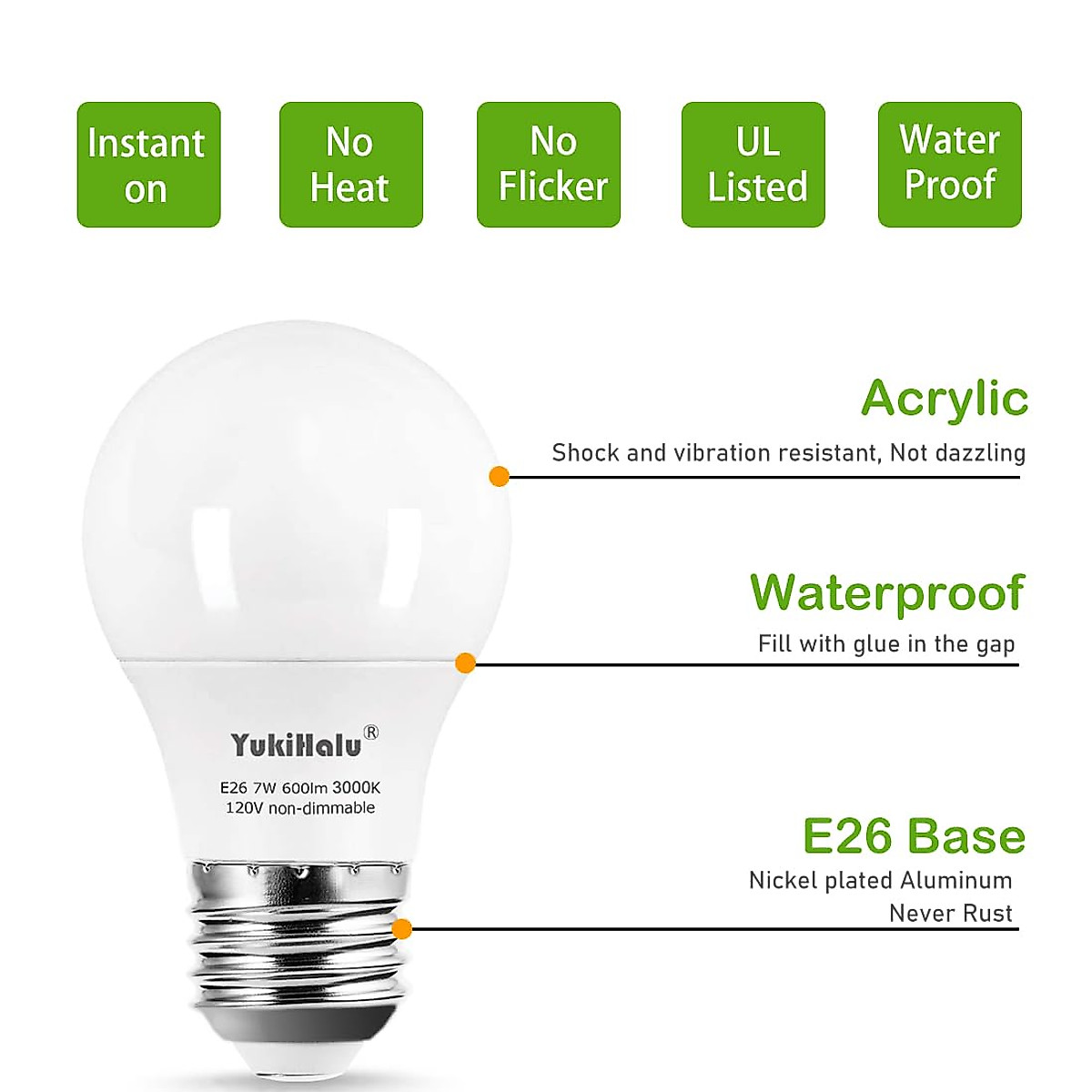 YukiHalu A15 LED Light Bulbs, 60W Equivalent, E26 Base, 2700K/3000K/5000k White, 7W 600 Lumens 120V, UL Listed, Ceiling Fan Light Bulbs, Appliance Bulb, Not Dimmable, Pack of 4 (3000K Warm White)