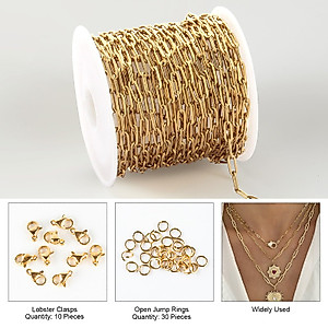 Kyutong 5M Gold Plated Necklace Chain for Jewelry Making 304 Stainless Steel Paperclip Chain Roll with Lobster Clasps and Jump Rings for Men Women Making Jewelry Craft Support Jewelry Findings