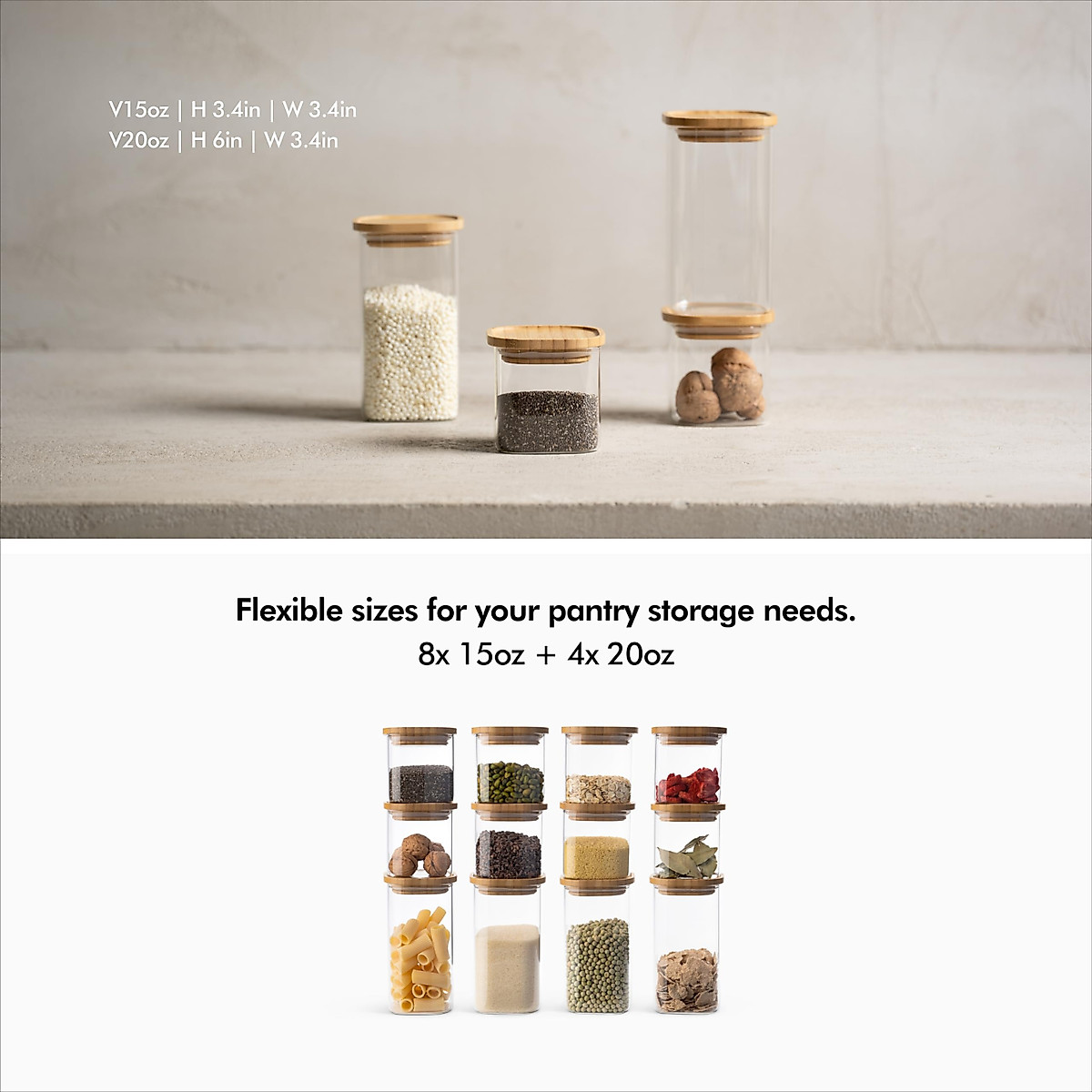 KIVY Square glass jars with bamboo lids [Set of 12] 4x 20oz + 8x 15oz - Square glass containers with bamboo lids - Clear Jars Glass canisters with airtight lids - Glass storage jars with airtight lids