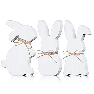 3 Pcs Easter Bunny Table Wooden Signs with Rope Easter Spring Wooden Tiered Tray Decor Rabbit Tabletop Party Centerpiece Signs Spring Decorations for Home Dining Room Desk Office (White)