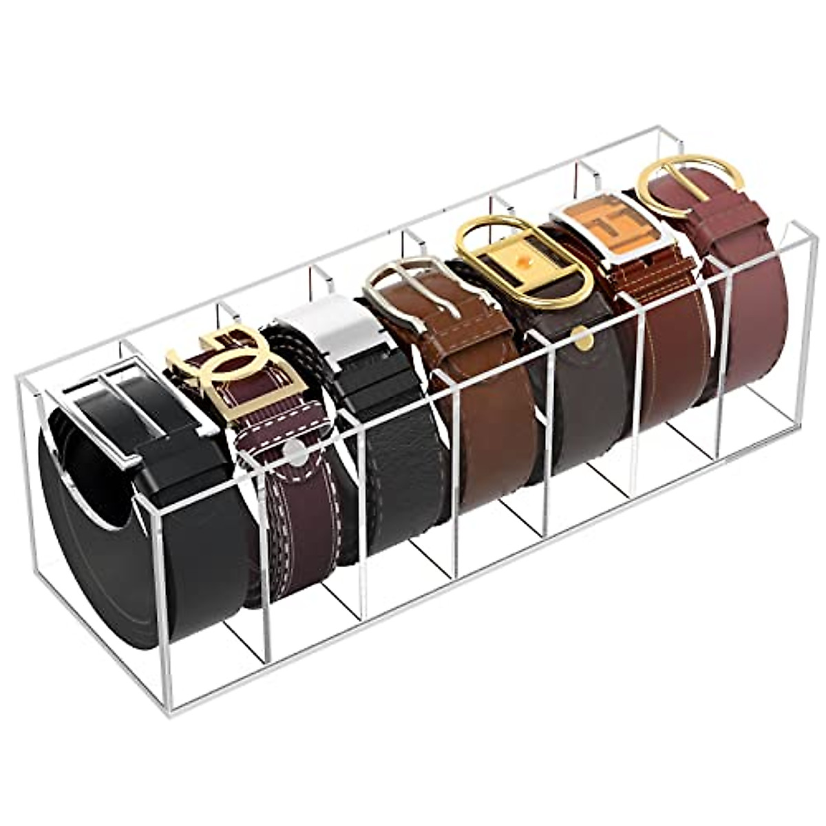 NIUBEE Belt Organizer, Acrylic Belt Storage Holder for The Closet, 7 Compartments Display Case for Tie and Bow Tie