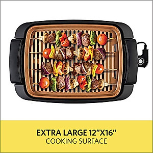 BELLA Indoor Smokeless Grill, 12 x 16 Inch Copper Titanium Coated Nonstick Cooking Surface, Multifunction Grill & Skillet