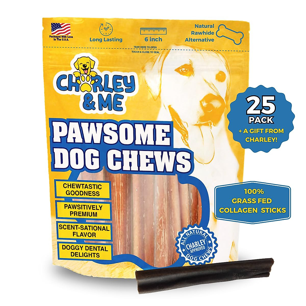 CHARLEY & ME Premium Collagen Sticks for Dogs - Long Lasting Dog Treats, Free Dog Chew Sticks - Hip & Joint Support, Healthy Skin, Shiny Coat - 100% Natural Beef - 6 Inches (Pack of 25)