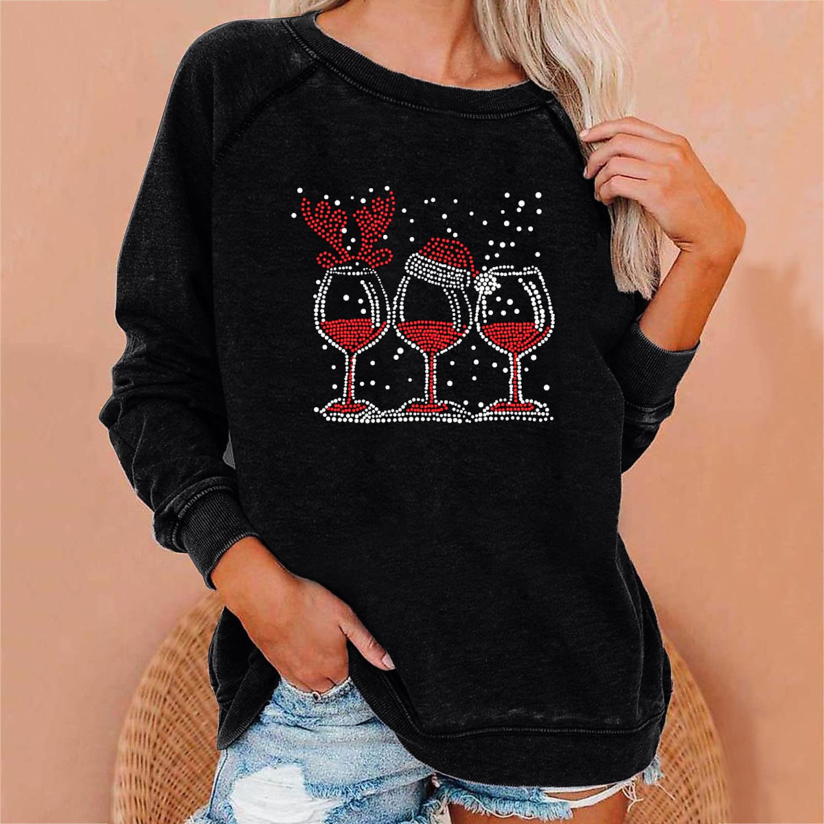Christmas Sweatshirts for Women 2022 Fashion Red Wine Glass Print Long Sleeve Pullover Xmas Casual Crew Neck Tops
