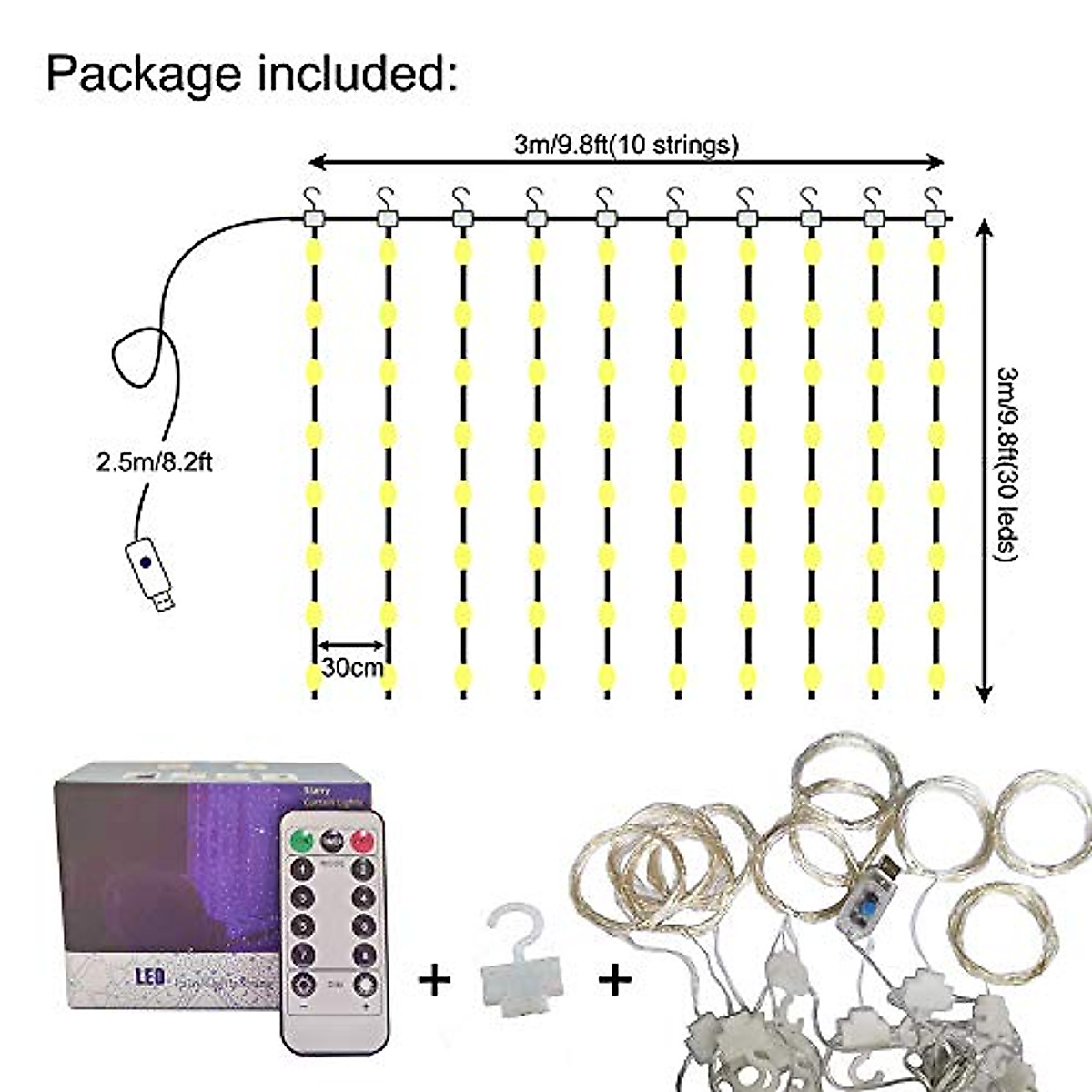 GUOCHENG Copper String Curtain Lights 3m x 3m LED Curtain Fairy Lights USB Powered Window Light Strings with Remote for Home Bedroom Party Wedding, Indoor Outdoor Decorations-Warm White