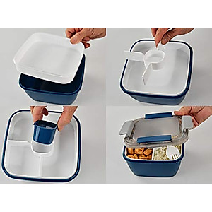 Home-X Section Lunch Box, Lunch Containers for Kids and Adults, Multi-Compartment Food Box, Salad Dressing Container, Spork, 6 ¾" L x 6 ¾" W x 4 ¾" H, Blue
