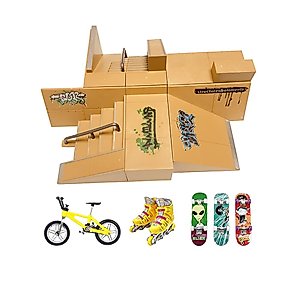 Skate Park Kit, Finger Skateboard Ramp Set -1 Finger Bike -3 Finger Skateboards -1 pair of skates and 8PCS Skate Parks for Finger Skateboard Ultimate Parks Training Props and Finger Toys