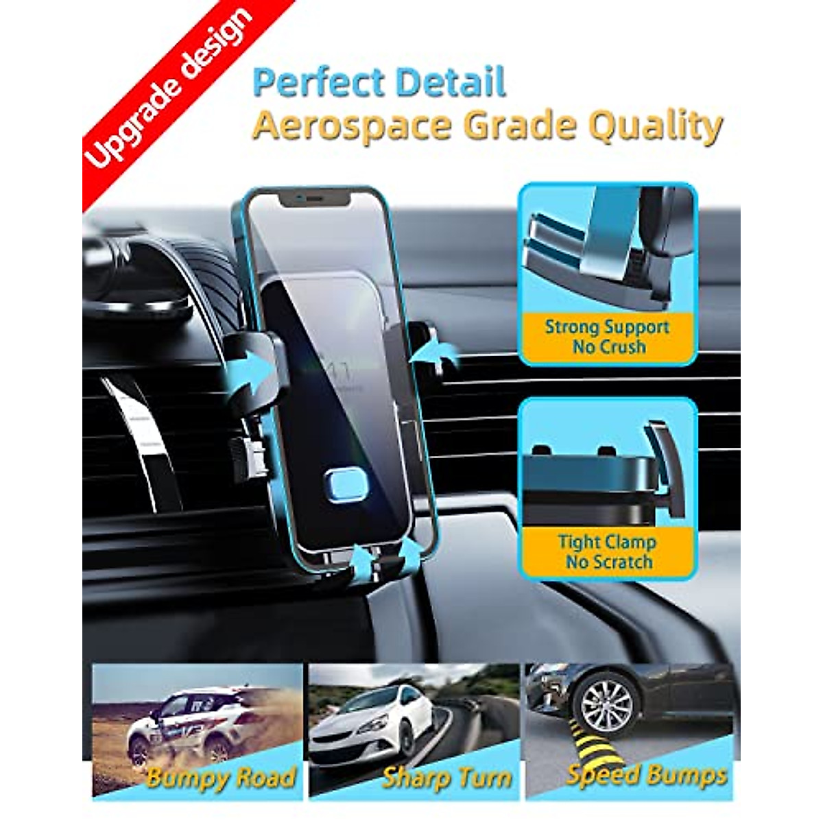 Upgraded Phone Mount for Car,[Easy One Touch Button] Car Phone Holder Mount for Dashboard Windshield Air Vent,Car Accessories for iPhone, All iOS & Android Cell Phone Gifts for Men