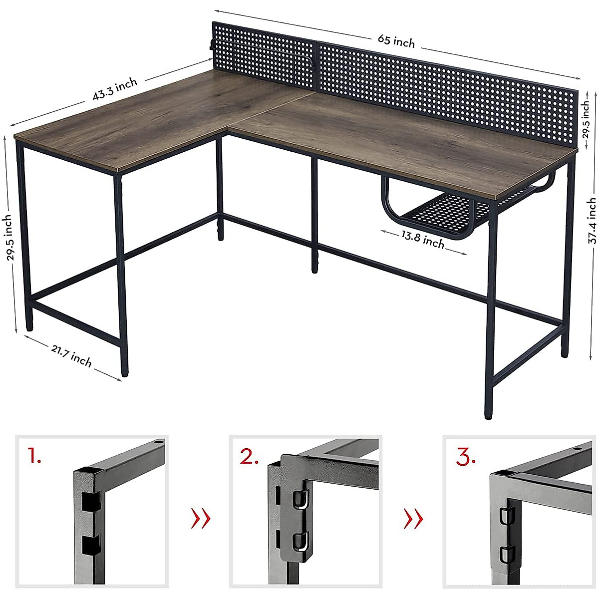 WOHOMO L Shaped Desk 65 Inch No Screw Quick Lock Computer Desk with Storage Basket Gaming Corner Writing Workstation Table with Shelf for Home Office Easy to Assemble, Walnut