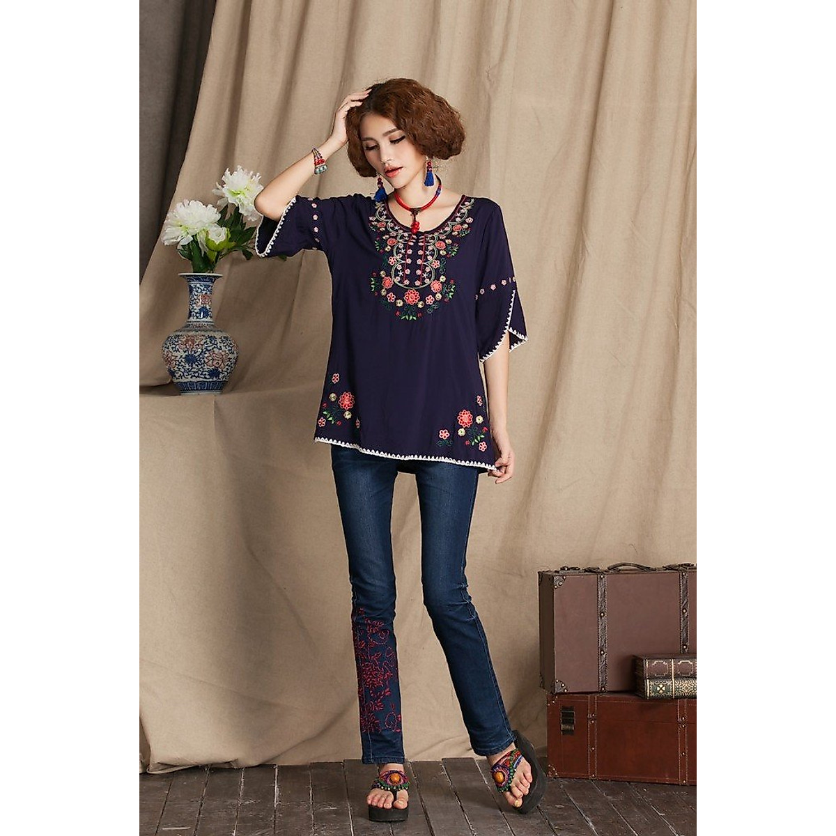 Ashir Aley Bell Sleeve Womens Girls Embroidered Cotton Peasant Tops Mexican Bohemian Shirts Blouses (L,Navy Blue)