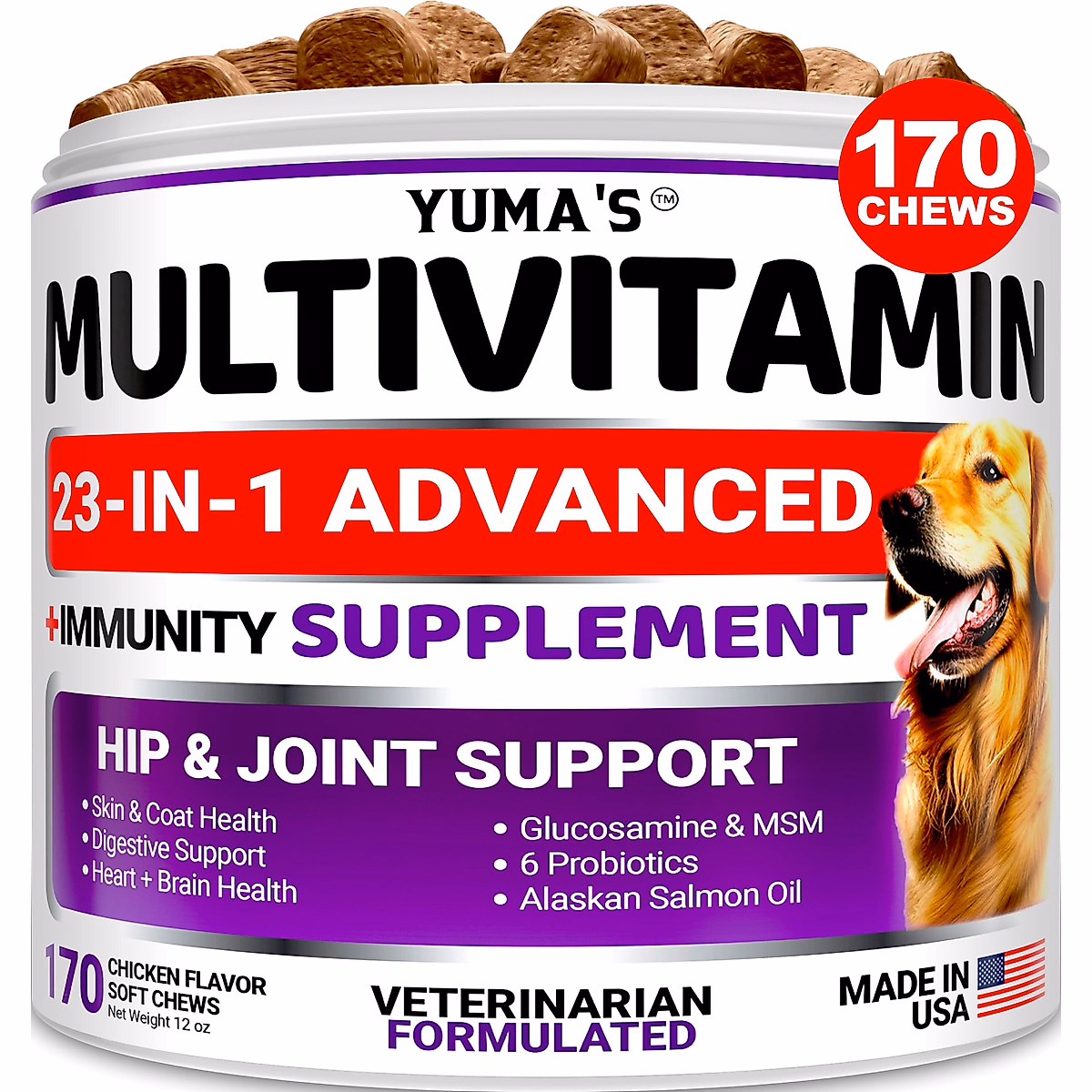 Dog Multivitamin Chewable with Glucosamine - Dog Vitamins and Supplements - 170 Treats - Senior & Puppy Multivitamin for Dogs - Hip & Joint Support - Immune Health, Skin, Heart, Digestion, Probiotics