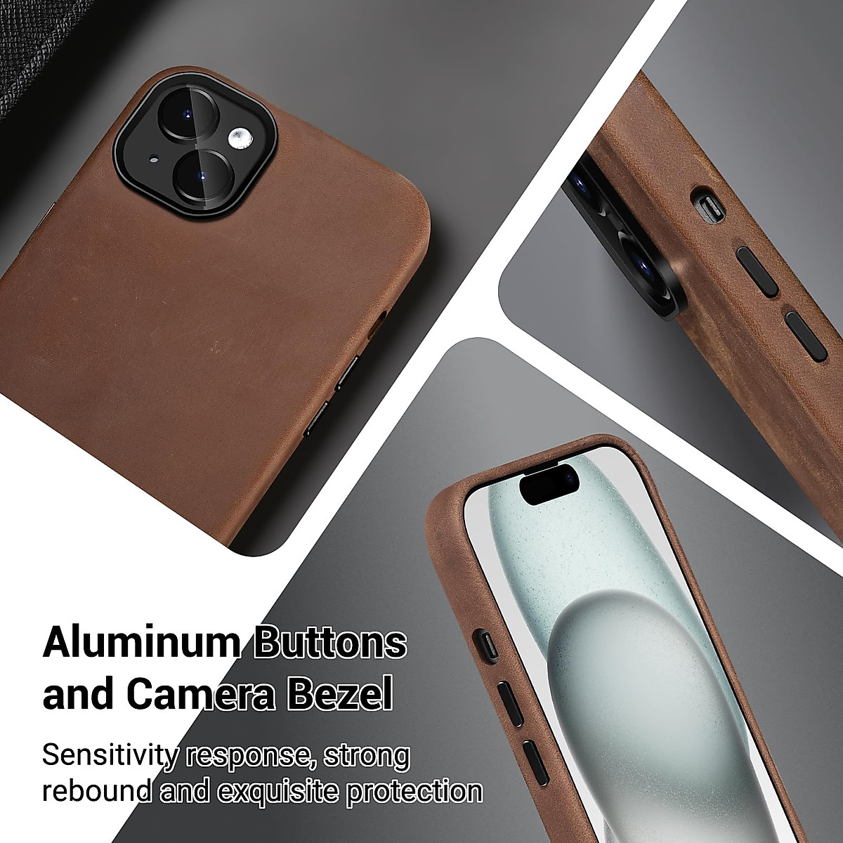 Belemay Compatible with iPhone 15 Leather Case Magsafe - Top Grain Vintage Crazy Horse Leather - Metal Buttons & Camera Bezel Bump - Slim Fit & Soft Feel - Premium Phone Cover (6.1-inch) Retro Brown