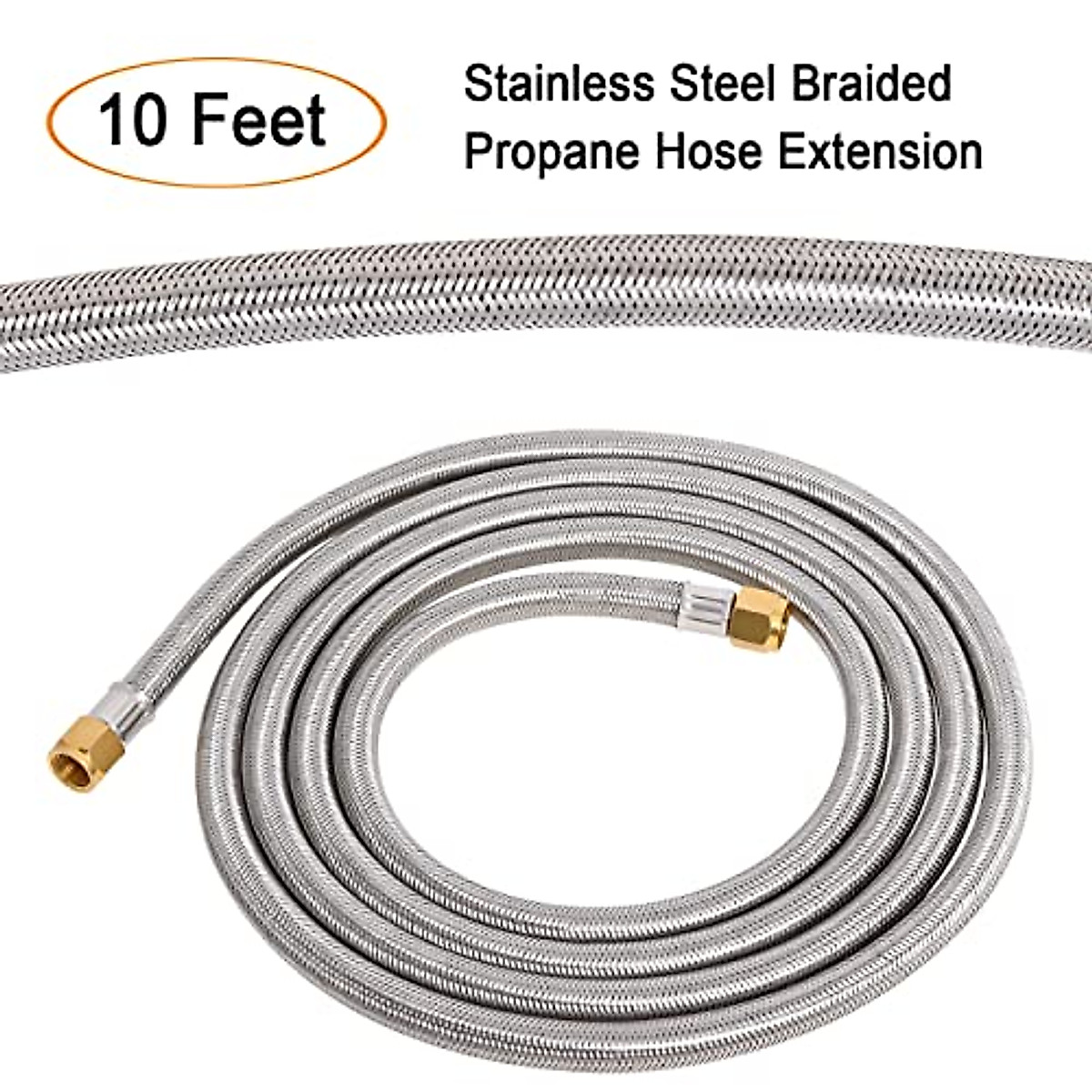Propane Hose Extension Stainless Steel 10 Feet,3/8" Female Flare Includes 5 Conversion Coupling and Thread Tape,for RV, BBQ Grill, Propane Tank, Heater Braided Propane Gas Line
