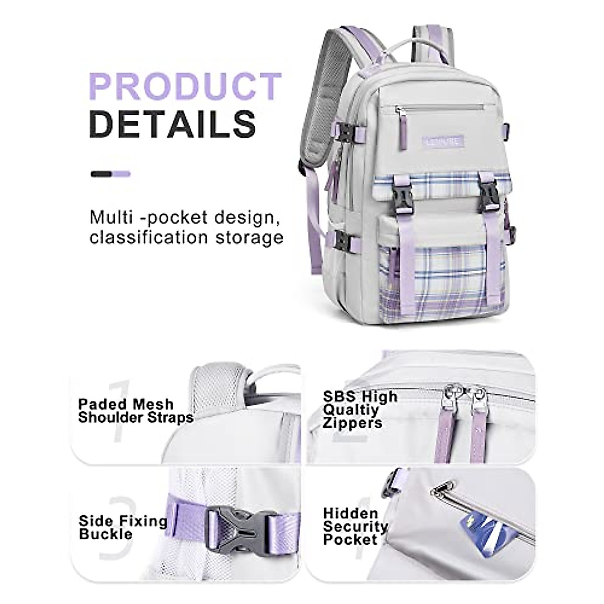 WONHOX Travel Backpack for Women Bundle, Carry On Backpack,Hiking Laptop Backpack Waterproof Outdoor Sports Rucksack Casual Daypack, Purple