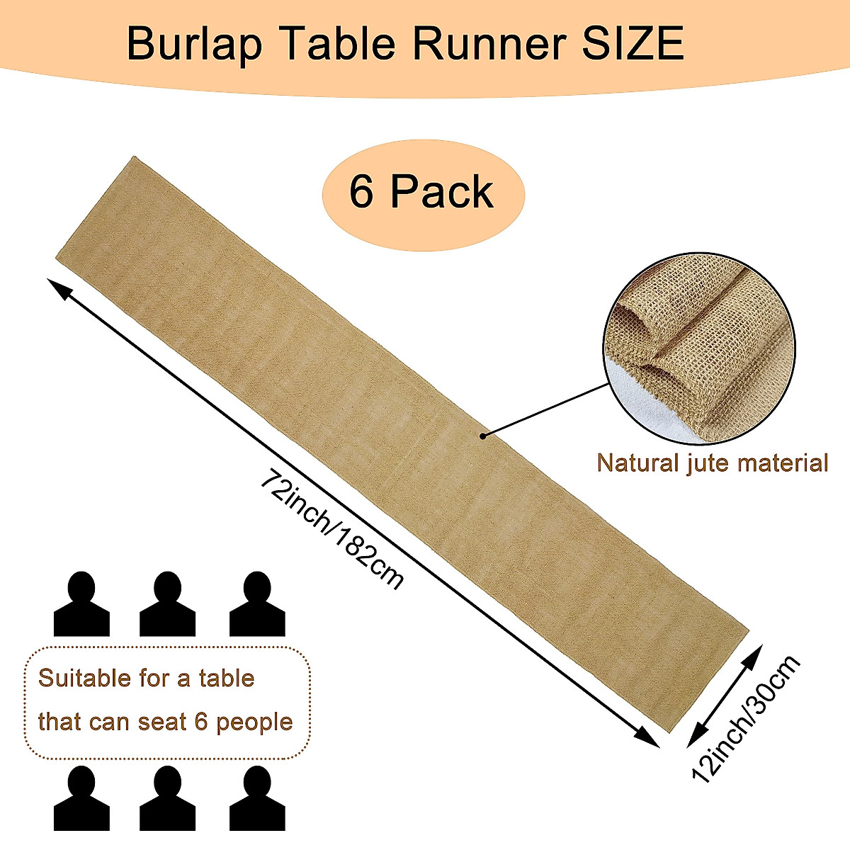 6 Pack Natural Burlap Table Runners,12 x 72 Inch Rustic Jute Table Runner and Placemats Bulk for Western Wedding Table Decorations,Farmhouse Style Party,Holiday,Kitchen Coffee Table Decor Cover
