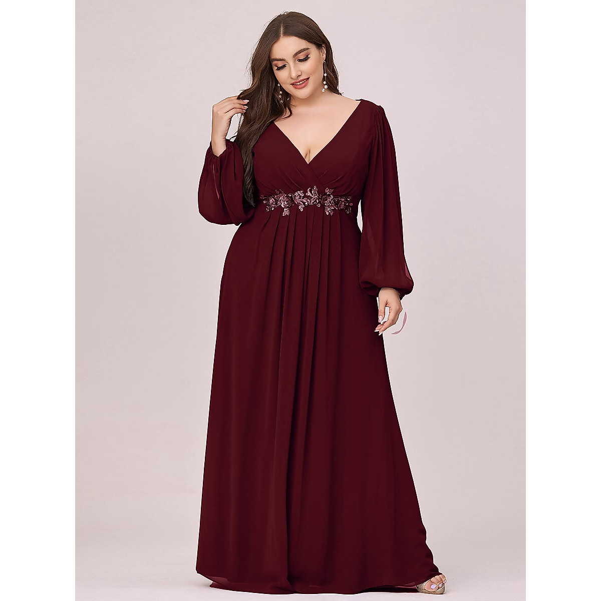 Ever-Pretty Plus Women's Chiffon Plus Size V Neck Side Slit Sleeves Beach Dress Burgundy US24