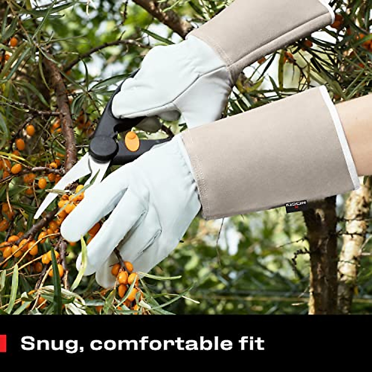 NoCry Long Leather Gardening Gloves for Women and Men; Near Thorn Proof for Cactus, Rose and Blackberry Pruning, General Yard Work and Garden Gloves; Reinforced Palms and Fingertips; Beige; Medium