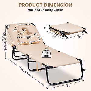 Giantex Chaise Folding Chair Adjustable Beach Patio Lounge Recliner, Beige