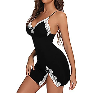 Aranmei Women Sexy Lace Chemise Nightgown Sleepwear V Neck Full Slip Babydoll Lingerie Sleep Dress(Black X-Large)