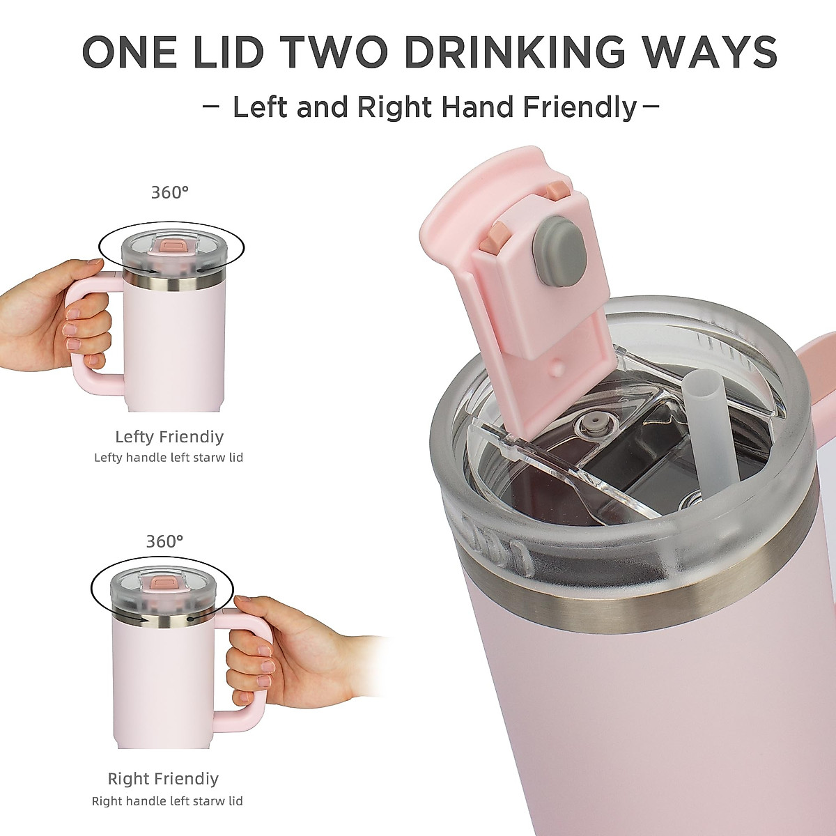 TYESO 30 oz Tumbler with Handle, Straw and Lid - Leak Resistant Insulated Stainless Steel Water Bottle, Car Cup Holder Friendly Travel Coffee Mug Pink - Gifts for Men & Women