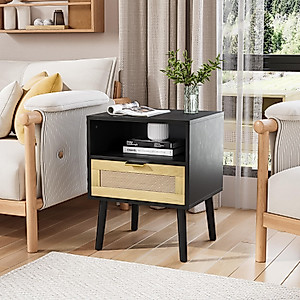 Smuxee Black Rattan Nightstand with Drawer, Boho Large Bedside Table with Open Shelf, Side Table for Bedroom, Study Room
