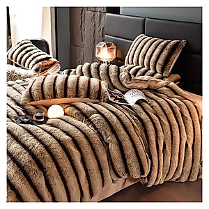 QuKan Bed, Faux Rabbit Fur Velvet Fleece Luxury Bedding Set Fuzzy Brown Stripe Plush Shaggy Warm Duvet Cover Set Bed Sheet Pillowcases 4Pcs, MM-102