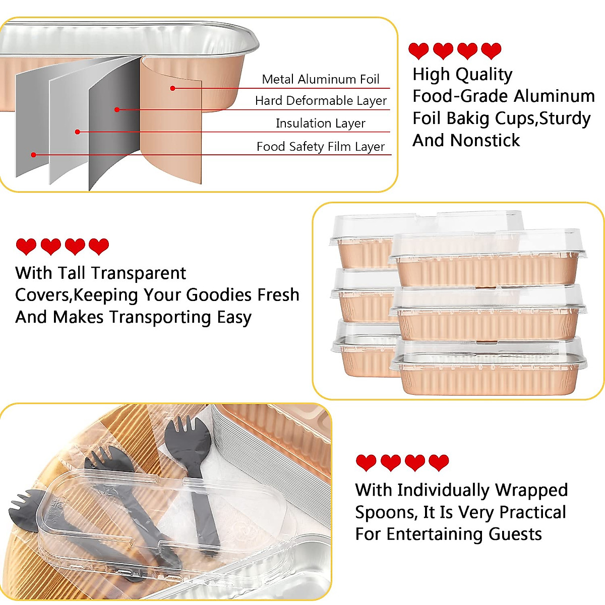 LNYZQUS Disposable Mini Cake Pans With Lids 50 Pack, 6.8oz Rectangle Baking Cups Muffin Tins, Aluminum Foil Tins Loaf Holders For Brownie Bread -Champagne