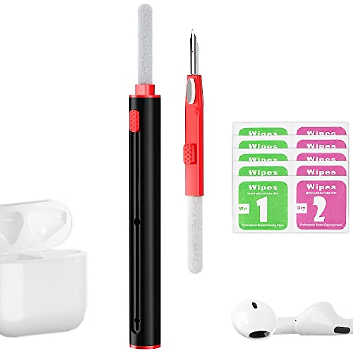 Airpod Cleaner Kit,Bluetooth Airpods Pro Earbuds Cleaning Kit Pen with Soft Brush Flocking Sponge,Multifunctional Earbuds Cleaning Tool for Airpods Cellphones,Upgraded Kits with Wet Dry Wipes (Black)