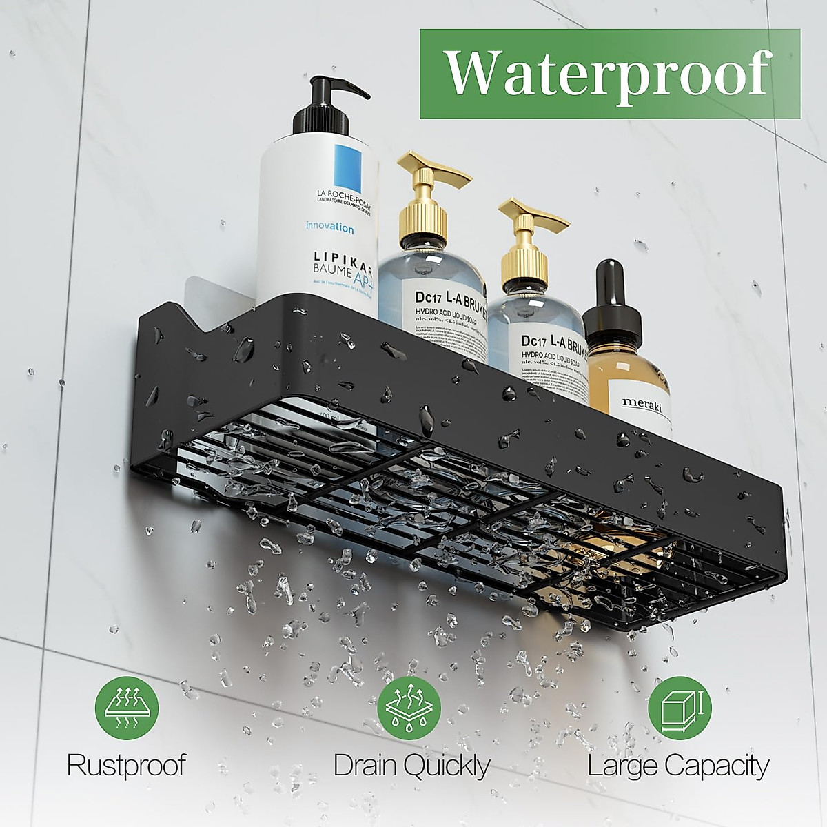 KAPENS Shower Caddy 2-Pack, Adhesive Shower Organizer, No Drilling, Rustproof Stainless Steel Bathroom Shower Shelves with Large Capacity, Shower Shelf for Inside Shower, Black