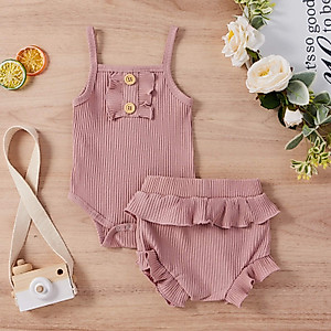 Dimoybabe Baby Girl Summer Clothes Bloomer Knit Cotton Outfits Infant Romper Strap Sleeveless Ruffle Light Pink 3-6 Months 80CM