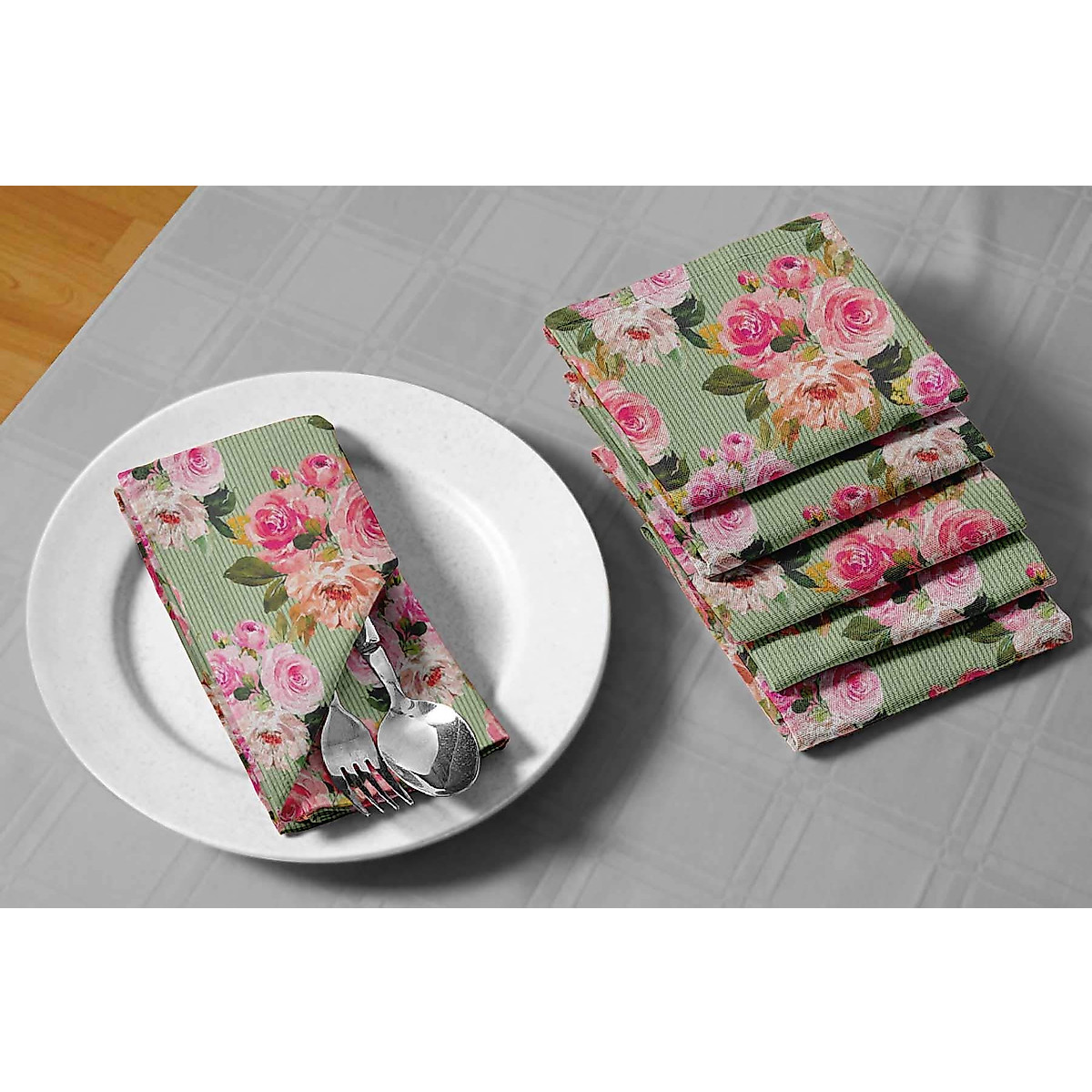 S4Sassy Green Stripe & Ranunculus Floral Holiday Parties Cloth Table Linen Re-Usable Dinner Napkins Set 18 x 18(Pack of 6)