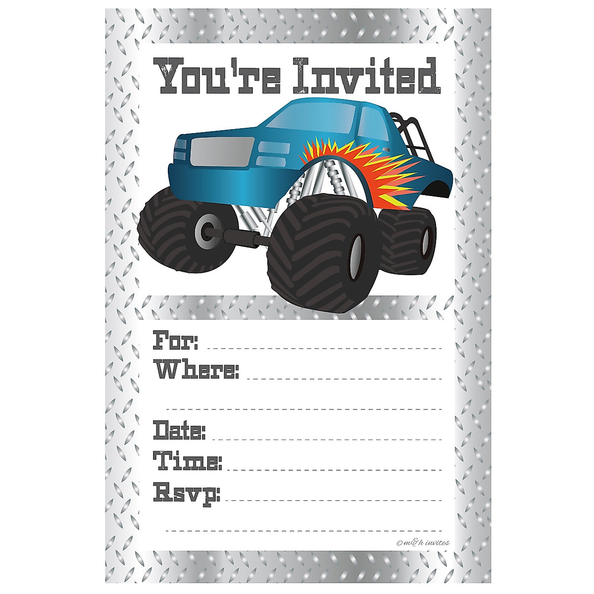 Monster Truck Birthday Party Invitations - Fill in Style (20 Count) with Envelopes by m&h invites