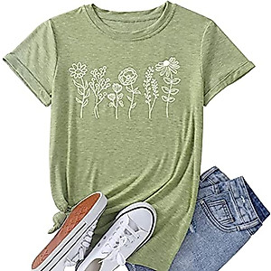 Floral Graphic T Shirt Women Wildflower Print Vintage Tees Top Funny Summer Short Sleeve Crew Neck Casual Shirts (X-Large, Light Green)