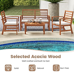 Tangkula 4 Pieces Outdoor Furniture Set, Acacia Wood Conversation Set w/Soft Seat Cushions, Stable Acacia Wood Frame, Patio Sofa & Coffee Table Set for Backyard, Porch, Poolside (White)
