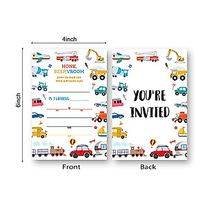 LoaHak Transportation Birthday Invitations Greeting Card, 20 Invitations and Envelopes, 4x6 inches, Minimalist Modern Style