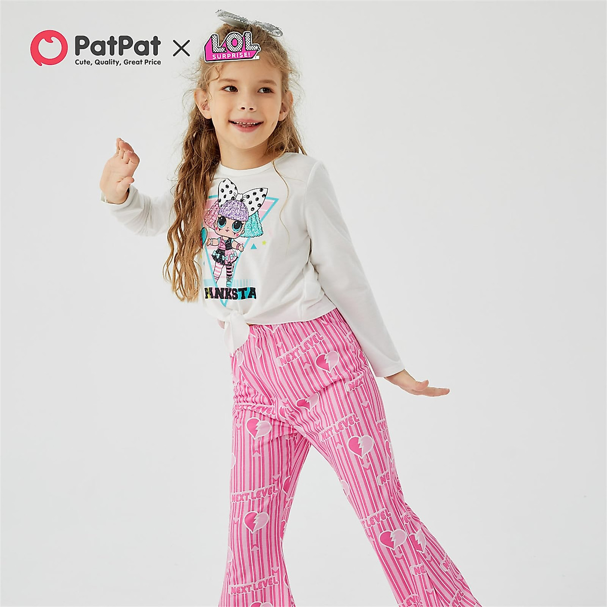L.O.L. Surprise! Girls 2 Piece Outfits Tie Knot Long Sleeve Tee Top and Heart Pink Bell Bottom Flared Pants Set White 7-8 Years