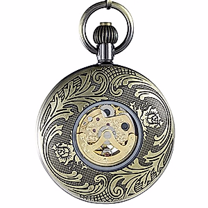 OGLE Waterproof Magnifier Skeleton Chain Silver Luminous Fob Self Winding Automatic Mechanical Pocket Watch (Bronze Luminous)
