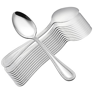 E-far Stainless Steel Teaspoons Set of 12, 6.7 Inch Pearled Edge Small Dessert Tea Spoons Silverware for Home, Kitchen and Restaurant, Non-toxic, Mirror Polished, Dishwasher Safe