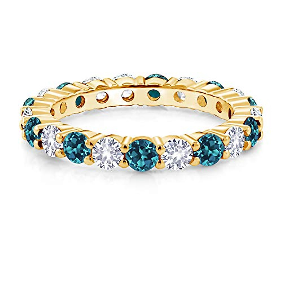 Gem Stone King 18K Yellow Gold Plated Silver Round London Blue Topaz and White Created Sapphire Eternity Band Ring For Women (1.30 Cttw, Gemstone Birthstone, Available In Size 5, 6, 7, 8, 9)