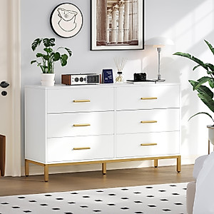 Keehusux 6 Drawer Dresser for Bedroom, Chest of Drawers with Gold Handles and Legs, Modern Dresser with 6 Drawers, Wide TV Dresser for Living Room, Hallway, Closet, White KES001WDG