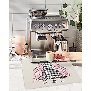 Coffee Mat for Counter, Pink and Black White Plaid Christmas Tree Absorbent Hide Stain Coffee Bar Mat, Non-slip Coffee Bar Accessories Kitchen Drying Mat Fit Under Coffee Maker Espresso Machine