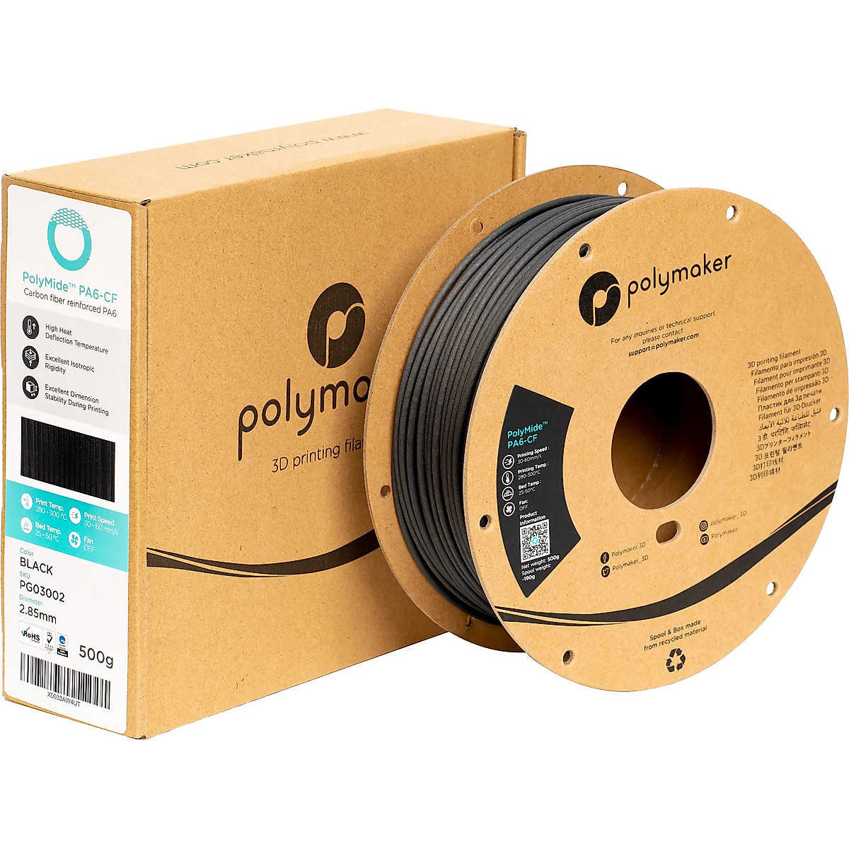 2.85mm(3mm) PA6-CF Nylon Filament 2.85 Black, 500g Carbon Fiber Nylon Filament 2.85mm, Polymaker PolyMide PA6-CF Warp Free Nylon, Print with 2.85mm Openning 3D Printers Only
