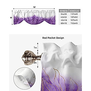 Tie Up Curtain Valance for Kitchen,Purple Gradient Abstract Leaf Gold Edge White Back Window Valances Adjustable Tie-up Shade Valance,Ombre Geometric Art Rod Pocket Short Curtains Bathroom 42x12in